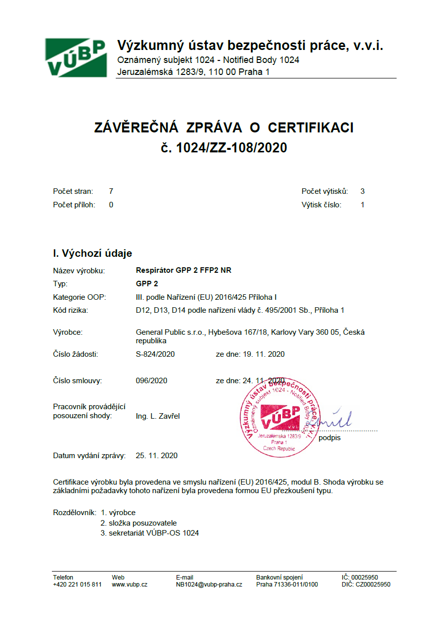 Certifikace - Respirátor GPP2 FFP2 NR (CE) - General Public e-shop